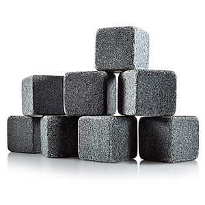 Gift Set of 8 Whiskey Chilling Stones [Chill Rocks] - in Premium Wooden Gift Box with Stainless Steel Tongs and Velvet Carrying Pouch - Made of Pure Soapstone - by Quiseen