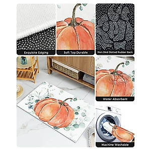 ALAGEO Fall Doormat Fall Pumpkin Door Mat Welcome Mats Entrance Floor Mat Green Eucalyptus Leaves Fall Seasonal Harvest Thanksgiving Floor Mat Outdoor Indoor Runner Rugs Non-Slip Floor Mat 20"x32"