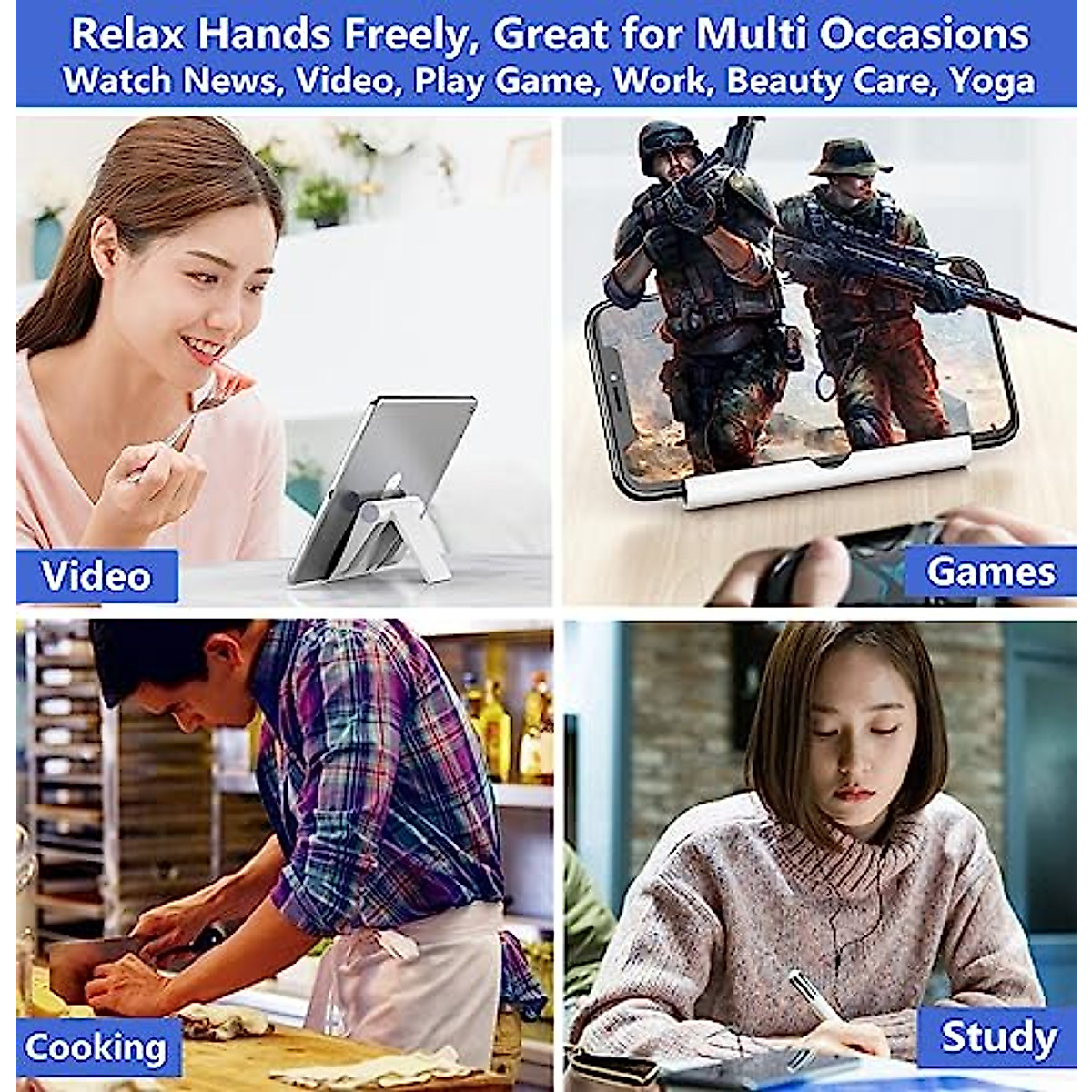 bodbop Cell Phone Stand for Desk Mobile Phone Holder Desktop Cell Phone Bracket Desk Foldable Phone Support Dock Compatible with iPhone Pro Max Plus Android Smartphone Stands Tabletop Holders (White)