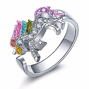 ALoveSoul Adjustable Silver Tone Little Princess Rainbow Unicorn Ring for Women Ladies Fashion Rings Gifts for Women