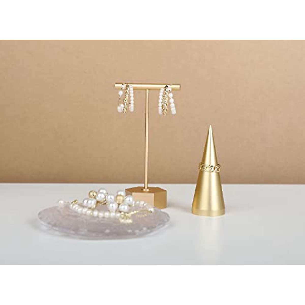 GemeShou Gold Metal Earring T Bar Stand Retail display holders for show, Jewelry Online stores Photography Display Props Organizer【Gold-Hexagon Base Height 4.5"】