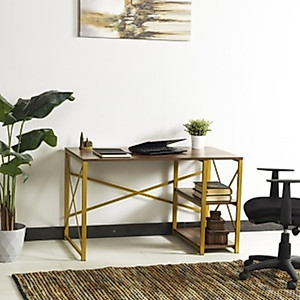 Complete Computer Workstation Desk with Storage Furnish Home Store Gold Metal Frame 47" Wooden Top 2 Shelves Writing and Computer Desk for Home Office (Black)