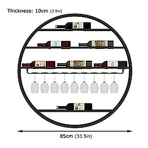 Wall-Mounted Wine Rack Round Wine Bottle Holder ， with Hanging Goblet Glass Stemware Racks ， Black Metal Iron Storage Shelf ， Organizer Shelves for Bar Kitchen (Size : 85x10x85cm)