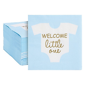 BLUE PANDA 100-Pack “Welcome Little One” Baby Shower Napkins for Boys - Gold Foil Gender Reveal Decorations - Light Blue (5x5 In) - Welcome Little One Napkins - Baby Boy Napkins