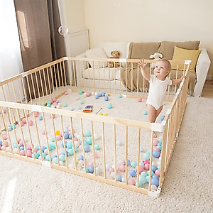 Wooden Baby Gate & Baby Playpen Play Yards for Babies and Toddlers, Large Baby Fence with Locking Gate Activity Center, Toddler Fence Play Area Indoor(79 * 71 * 24inch)