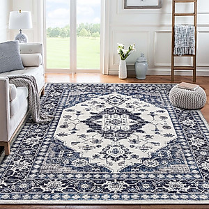 Area Rug Living Room Rugs: 9x12 Large Machine Washable Boho Carpet Vintage Medallion Floral Indoor Non Slip Decor Carpets for Under Dining Table Bedroom Farmhouse Nursery Home Office Blue