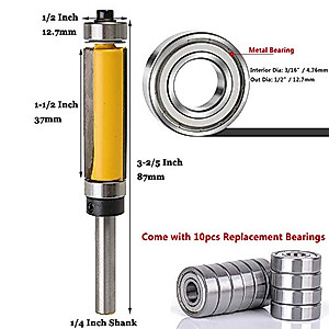 Yakamoz 2Pcs 1/4'' Shank Top and Bottom Bearing Guide Flush Trim Pattern Router Bit Set Woodworking Cutter Tool with 10 Pcs Top Mounted Replacement Bearings