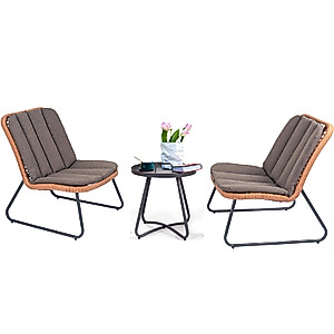 3PCS Patio Conversation Set Rattan Patio Furniture Set Adjustable Feet L-shaped Wicker Furniture Set with Portable Table Outdoor Patio Bistro Set Soft Cushions Detachable Balcony Backyard Deck