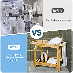 2-Tier Bamboo Shower Bench for Inside Shower Shaving Legs, 25 Inch Waterproof Bathroom Bench Shower Stool with Storage Shelf, Safe & Stable for Seniors Adults Disabled Women