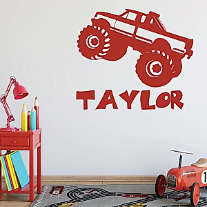 Room Wall Decor - Monster Truck with Customized Name Vinyl Decal Stickers for Home in Teen, Kids, Baby Boys Bedroom, Bathroom, Nursery or Man Cave - Custom Sizes and Colors Fit Any Themed Living Space