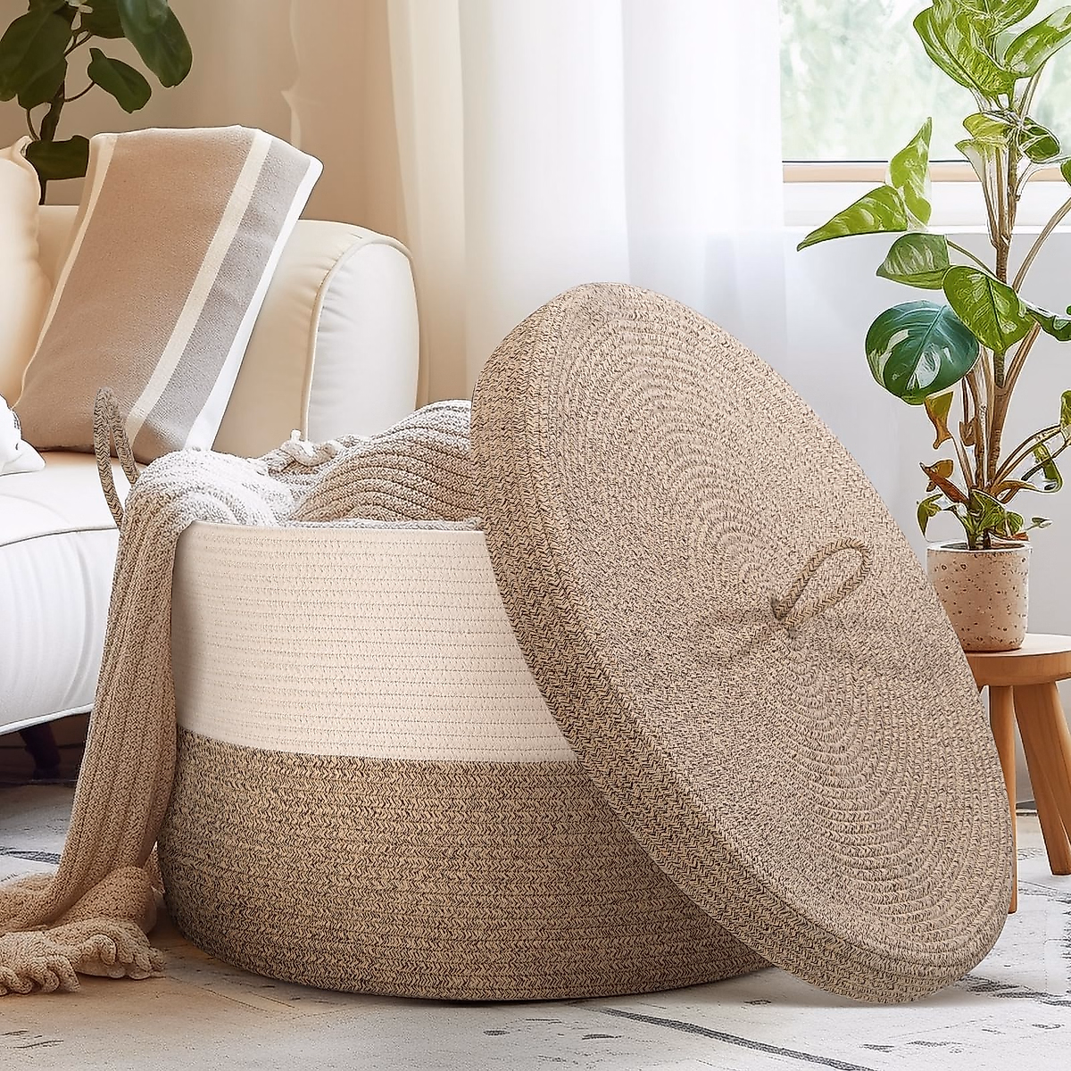 noonkty Blanket Basket, 21.7"X21.7"X13.8" Cotton Rope Basket, XXL Large Basket with Handle, Blanket Basket Living Room, Stuffed Toy Basket, Laundry Basket, Storage for Towels Pillow, Brown (with Lid)