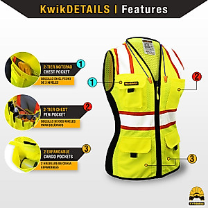KwikSafety FIRST LADY Safety Vest for Women [SNUG-FIT] 9 Pockets, Class 2 Custom High Visibility Reflective ANSI OSHA Fitted Construction Work PPE/Yellow Small
