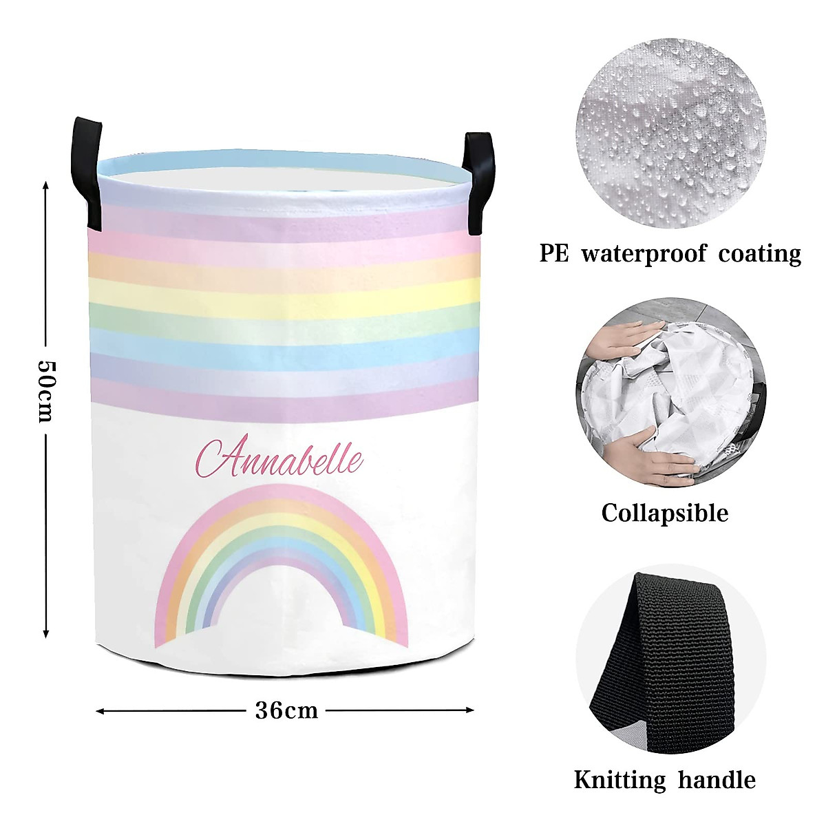 NZOOHY Lovely Rainbow Personalized Waterproof Foldable Laundry Basket Bag with Handle, Custom Collapsible Clothes Hamper Storage Bin for