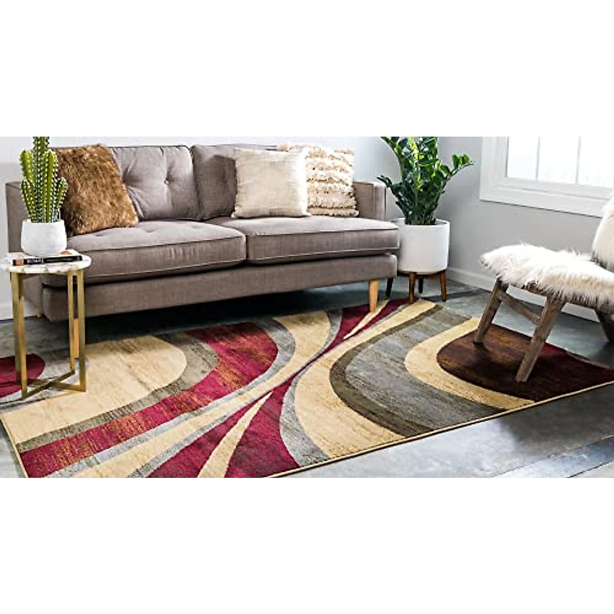 Unique Loom Barista Collection Modern, Abstract, Waves, Urban, Rustic, Warm Colors Area Rug, 8 ft x 10 ft, Beige/Burgundy
