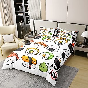 100% Natural Cotton Sushi Pattern Bedding Set Twin, Japanese Style Duvet Cover, Food Theme Comforter Cover Set For Kids Boys Girls Teens, Cute Cartoon Japanese Sushi Bedding Room Decorative