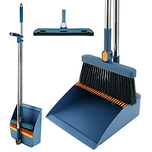 Muyoka 3Pcs Floor Sweeping Set with Long Handle 180°Rotating Floor Broom Dustpan Set Foldable Stand Dustpan and Broom Combo for Kitchen Office Home Floor (Blue)
