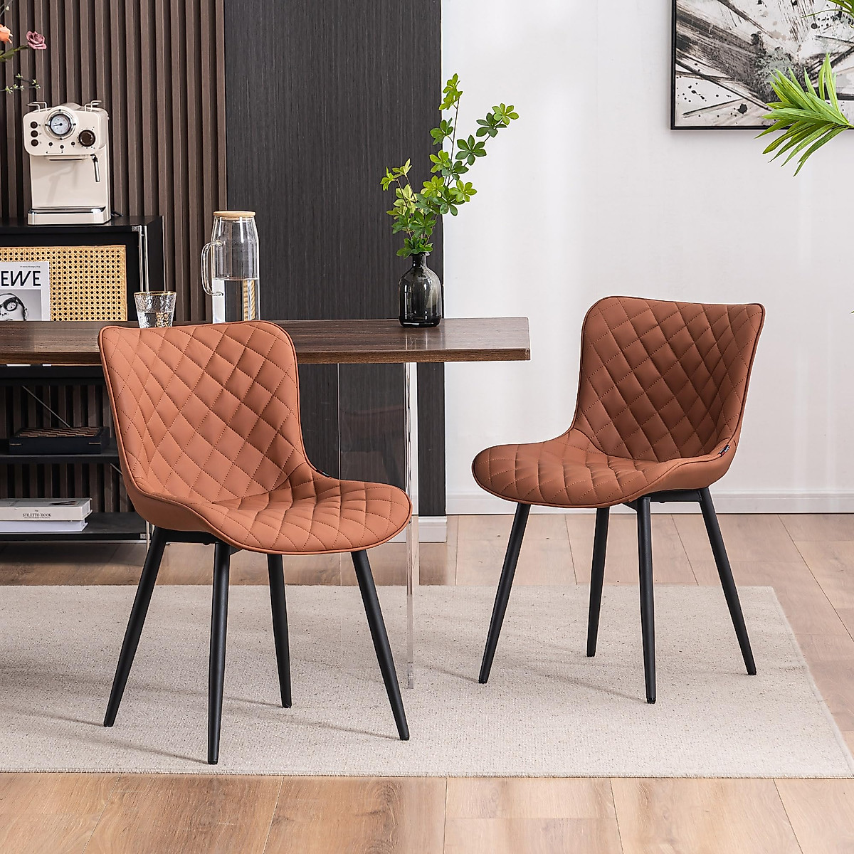YOUTASTE Coffee Brown Dining Chairs Set of 2 Mid Century Modern PU Leather Diamond Upholstered Accent Guest Dinner Chair with Back Metal Legs for Kitchen Living Reception Waiting Room