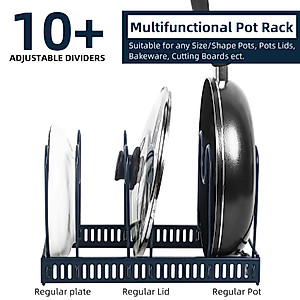 ROOHUA Pot Rack Organizer -Expandable Pot and Pan Organizer for Cabinet,Pot Lid Organizer Holder with 10 Adjustable Compartment for Kitchen Cabinet Cookware Baking Frying Rack (Dark Blue, 10)