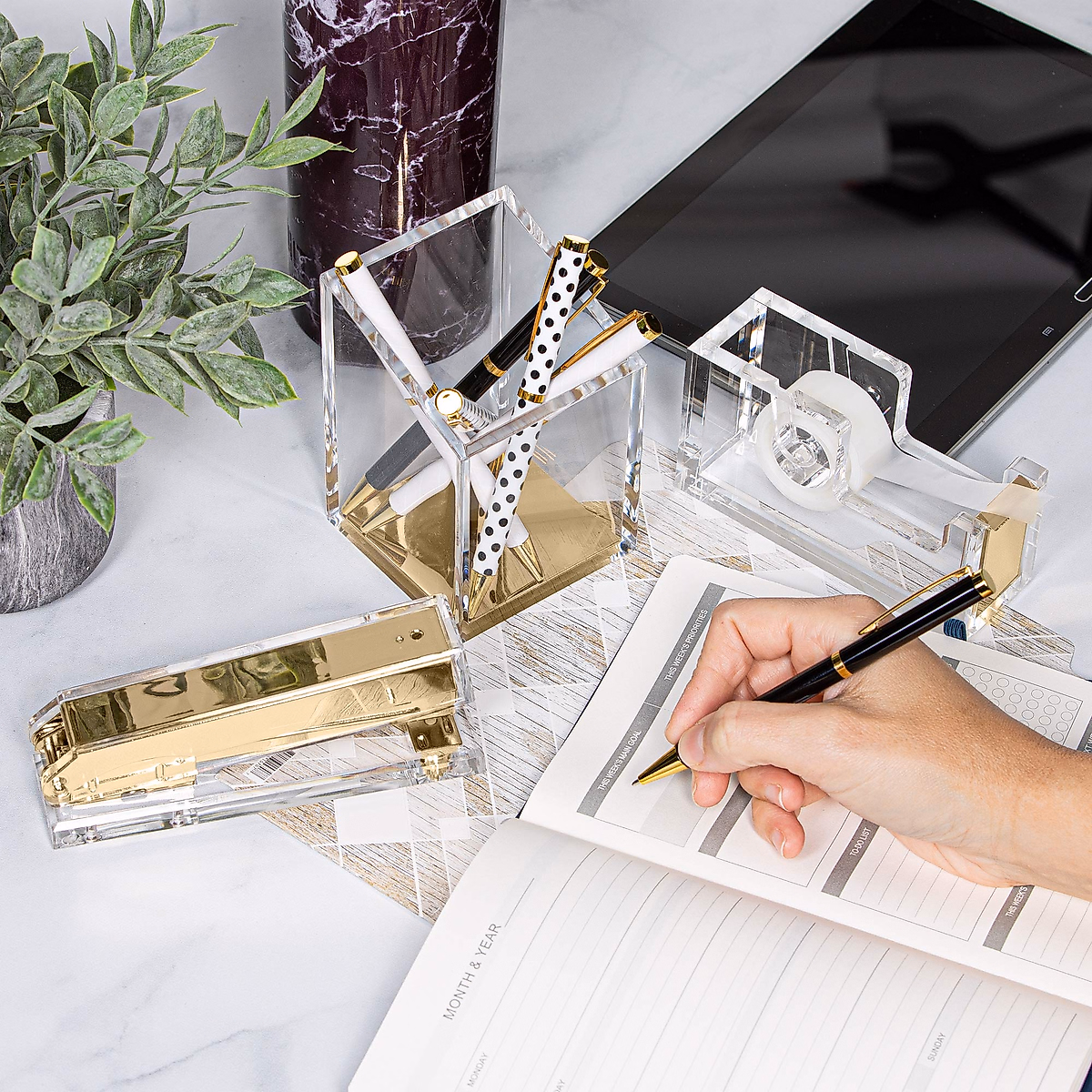Punch & Stick | Stationery & Desk Accessories | Pen Holder, Stapler & Tape Dispenser | Gold & Clear Acrylic Lucite | Office Desk Accessories | Office Gift Set
