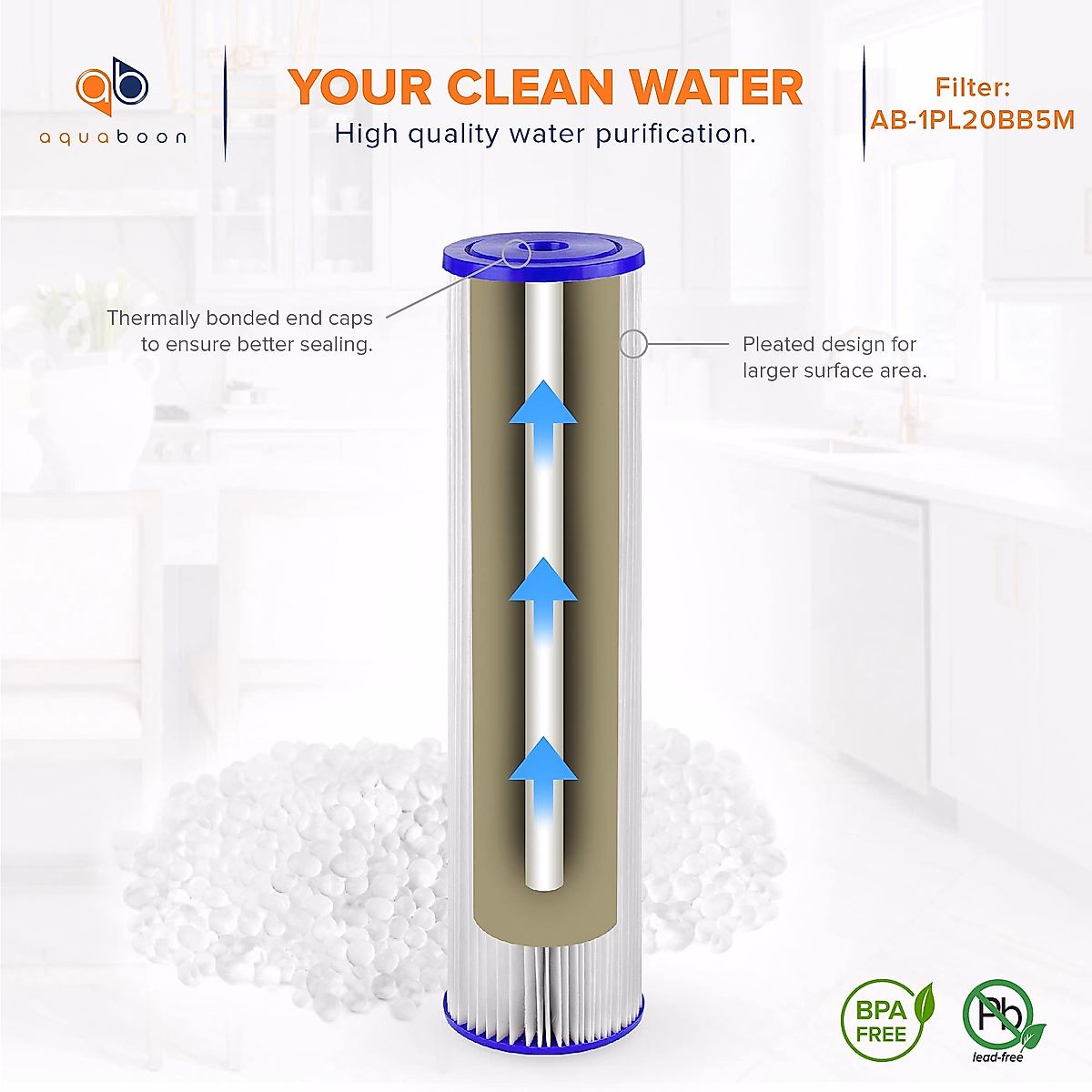 Aquaboon Whole House Sediment Water Filter - 4.5 x 20 Water Filter - 5 Micron Pleated Whole House Water Filter Cartridge Compatible w/AquaPure AP810 2, Pentek ECP5-BB, Hydronix SPC-45-1005 (4 Pack)