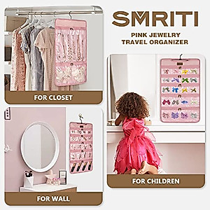 SMRITI Jewelry Travel Organizer, Foldable Hanging Jewelry Organizer with 360 Degree Rotating Hanger and 23 Clear Dust Proof Dual Zippered Pockets for Traveling, Closet, Suitcase (Pink)