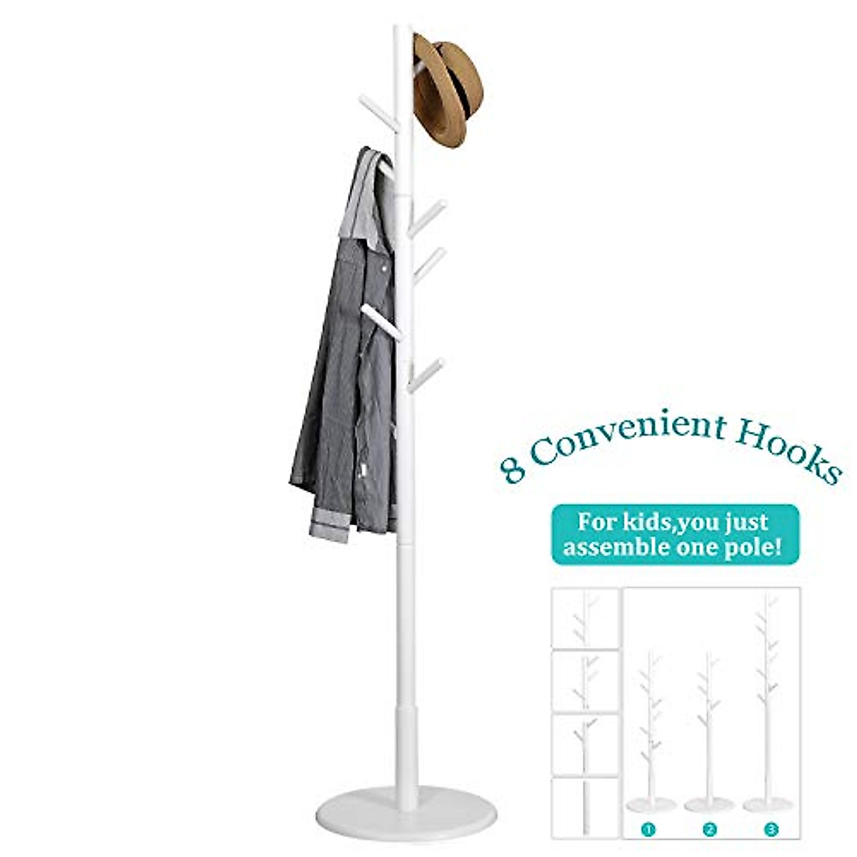 Vlush Wooden Coat Rack Free Standing, Coat Hat Tree Coat Hanger Holder Stand with Round Base for Clothes,Scarves,Handbags,Umbrella-(8 Hooks, Ivory White)