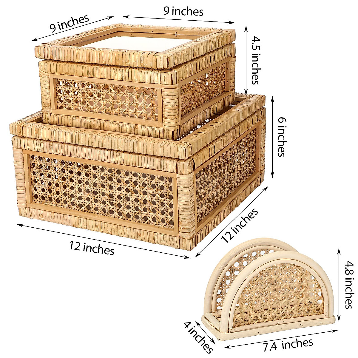Tatuo Set of 3 Boho Rectangular Rattan Boxes with Glass Lids Woven Basket with Semicircle Napkin Holder Cane and Rattan Display Storage Basket Decorative Boxes for Home Decoration