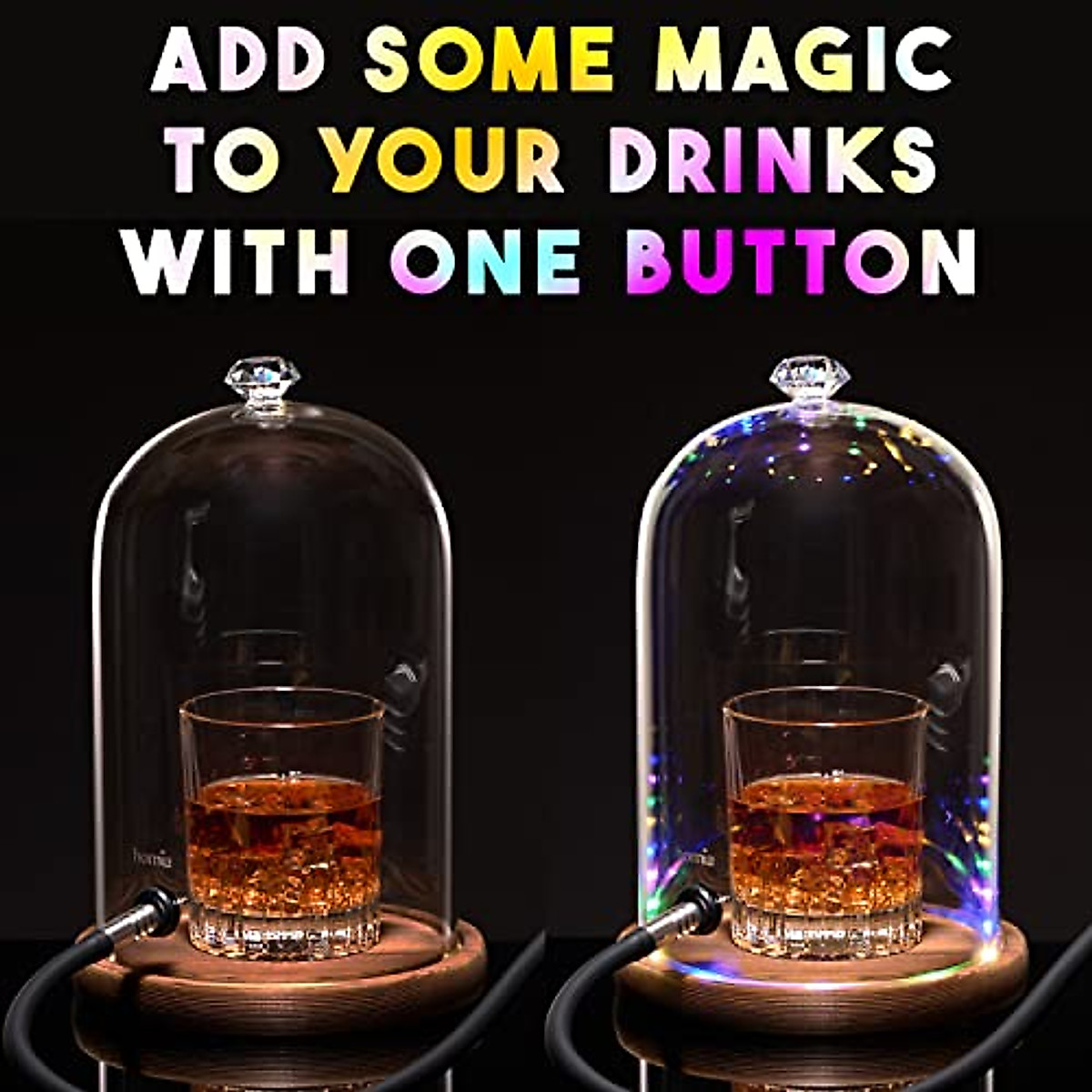 Smoking Gun Accessory LED lights Glass Dome 9" x 5.7" Lid with Wooden Base - Smoke infuser Cover Lid for Cocktail Smoker - Dome for Cold Smoke, Smoking Cloche for Drinks