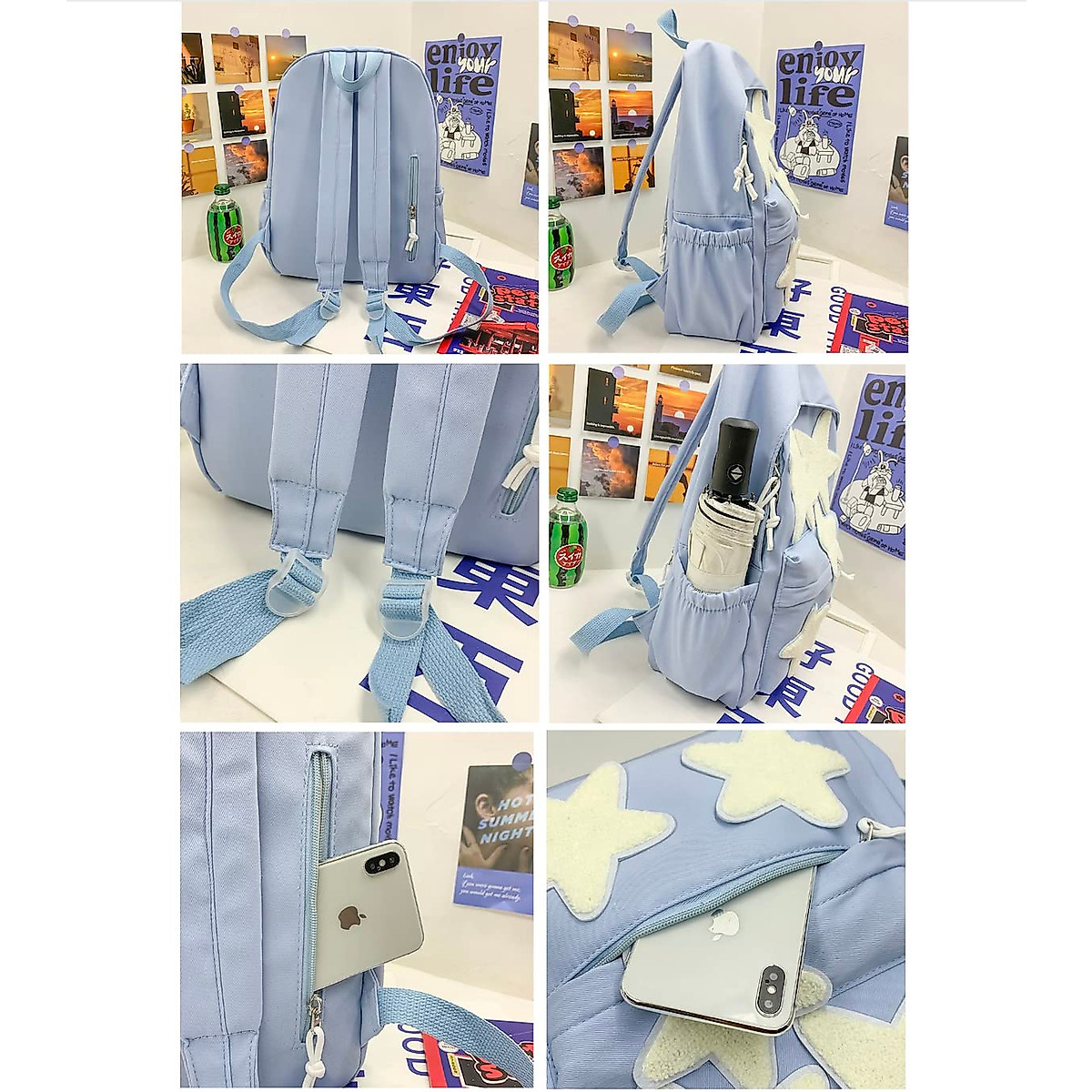 JHTPSLR Preppy Backpack Y2K Aesthetic Backpack Lambswool Stars Patchwork Backpack Cute Kawaii Stars Backpack Supplies Casual Daypack (Black)