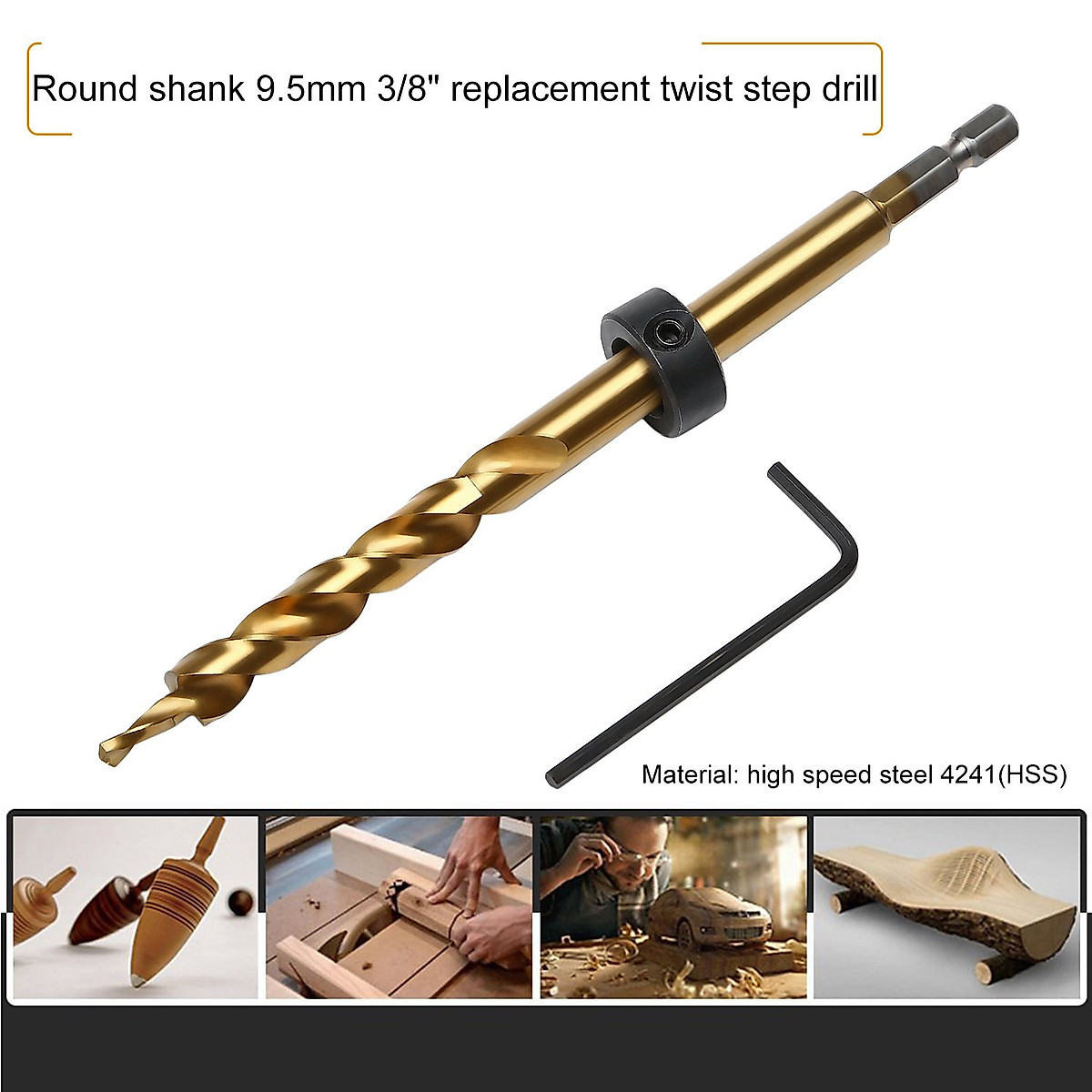 OCGIG 3/8" Pocket Hole Drill 1/4" Hex Shank Titianium coated Twist Step Drills with Adjustable Depth Stop Collar for Manual Pocket Hole Jig System
