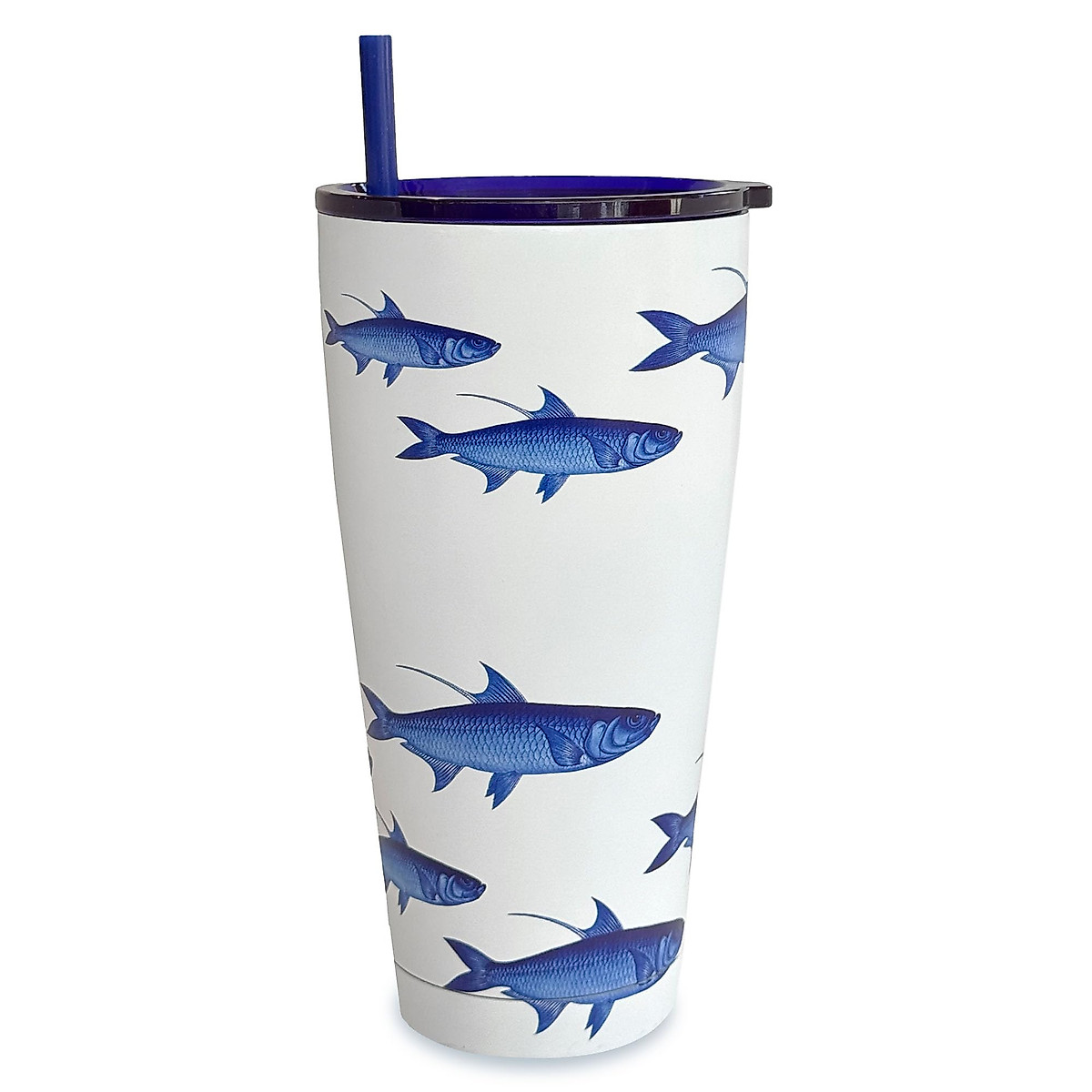 Caskata School of Fish Stainless Steel Insulated Tumbler | Cup, Lid & Straw Set for Travel, Commuting, & School | Perfect for Birthday, Christmas & Holiday Gifts | Blue on White Color | 30 oz