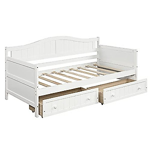 Sturdy Wood Twin Size Bed Frame Twin Wooden Daybed with 2 Drawers,?Sofa Bed for Bedroom Living Room,No Box Spring Needed,White