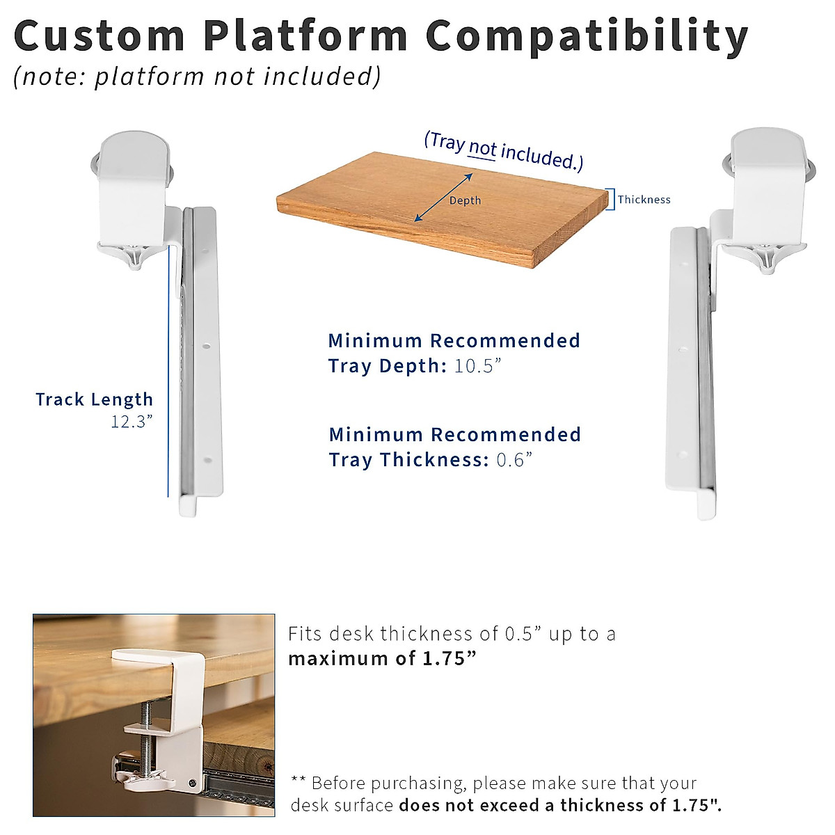 VIVO Clamp and 12 inch Rail Set for DIY Custom Wooden Keyboard Trays (Tray Not Included), Under Desk Pull Out Slider Track with Extra Sturdy C-clamp Mount System, White, MOUNT-RAIL02W