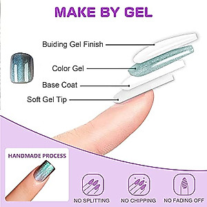 Cat Eyes Press on Nails Short Aurora Green Gradient Fake Nails Square Glitter Bling Acrylic False Nails with Nail Glues Coffin Full Cover Stick on Nails Glossy Glue on Nails for Women