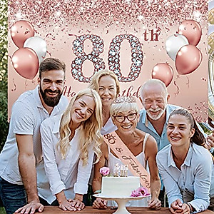 Trgowaul 80th Birthday Decorations for Women, Rose Gold 80th Birthday Backdrop Banner, 80 & Fabulous Sash, 80th Birthday Tiara Crown, Pink Party Supplies, Happy 80 Year Old Birthday Ideas Favor