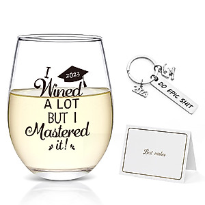 Modwnfy Graduation Gifts, I Wined A Lot, But I Mastered It Stemless Wine Glass with Key Chain and Card, College Graduation Gifts for Her Him Men Women Friends University Graduate Master MBA, 17 OZ
