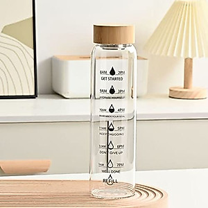 HOLABEAR 32oz Glass Motivational Daily Water Intake Bottle with Time Marker, Leakproof Bamboo Lid and Holder Sleeves, for Hot and Cold Drinks, Clear Reusable BPA Free
