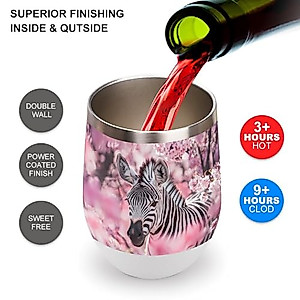 Zebra in Cherry Flowers Funny Wine Tumbler 12 Oz Stainless Steel Insulated Mug Double Wall Water Cup with Lid