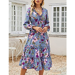 KOJOOIN Womens Long Sleeve Deep V Neck Ruffle Floral Print Maxi Dress High Elastic Waist Flowy Beach Dress Blue M