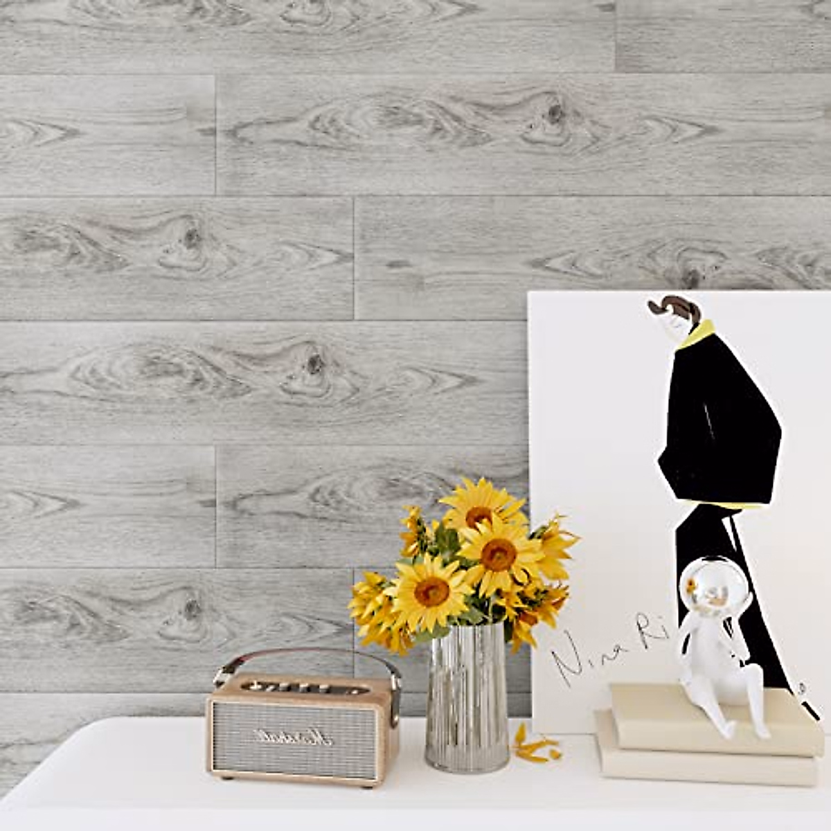 STICKEEP 6 x 36 in Wood Grain Peel and Stick Waterproof Vinyl Floor Tiles, 4 PCS, Light Grey, Residential Grade