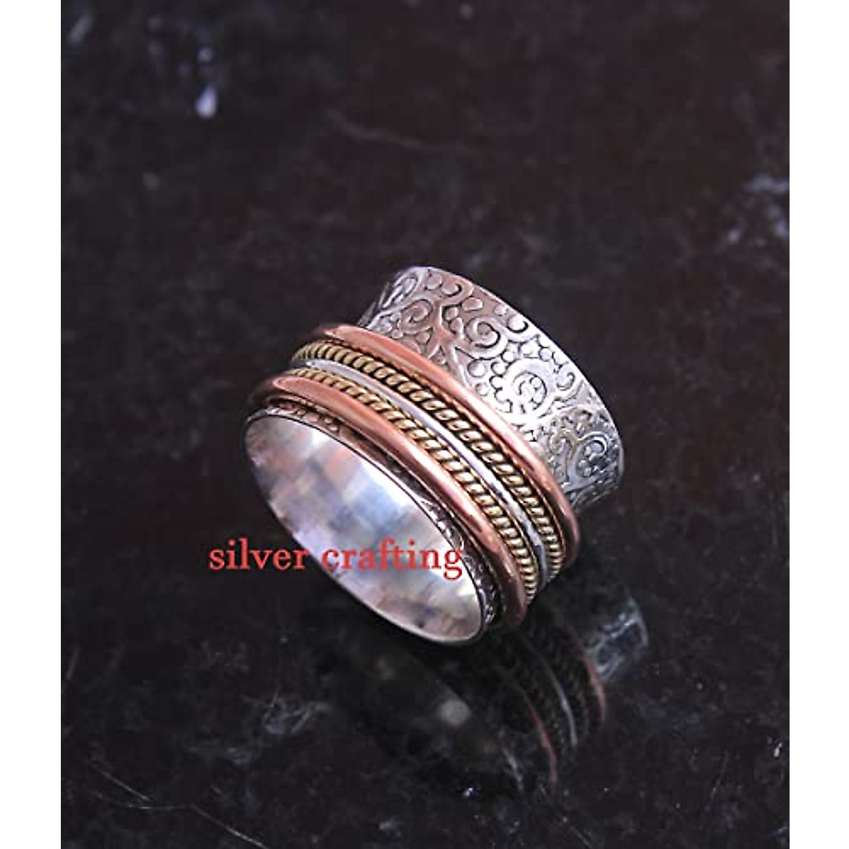 Three Tone Silver Spinner Ring, Beautyful Design Ring, Meditation ring, 925 Sterling Silver Ring (9)