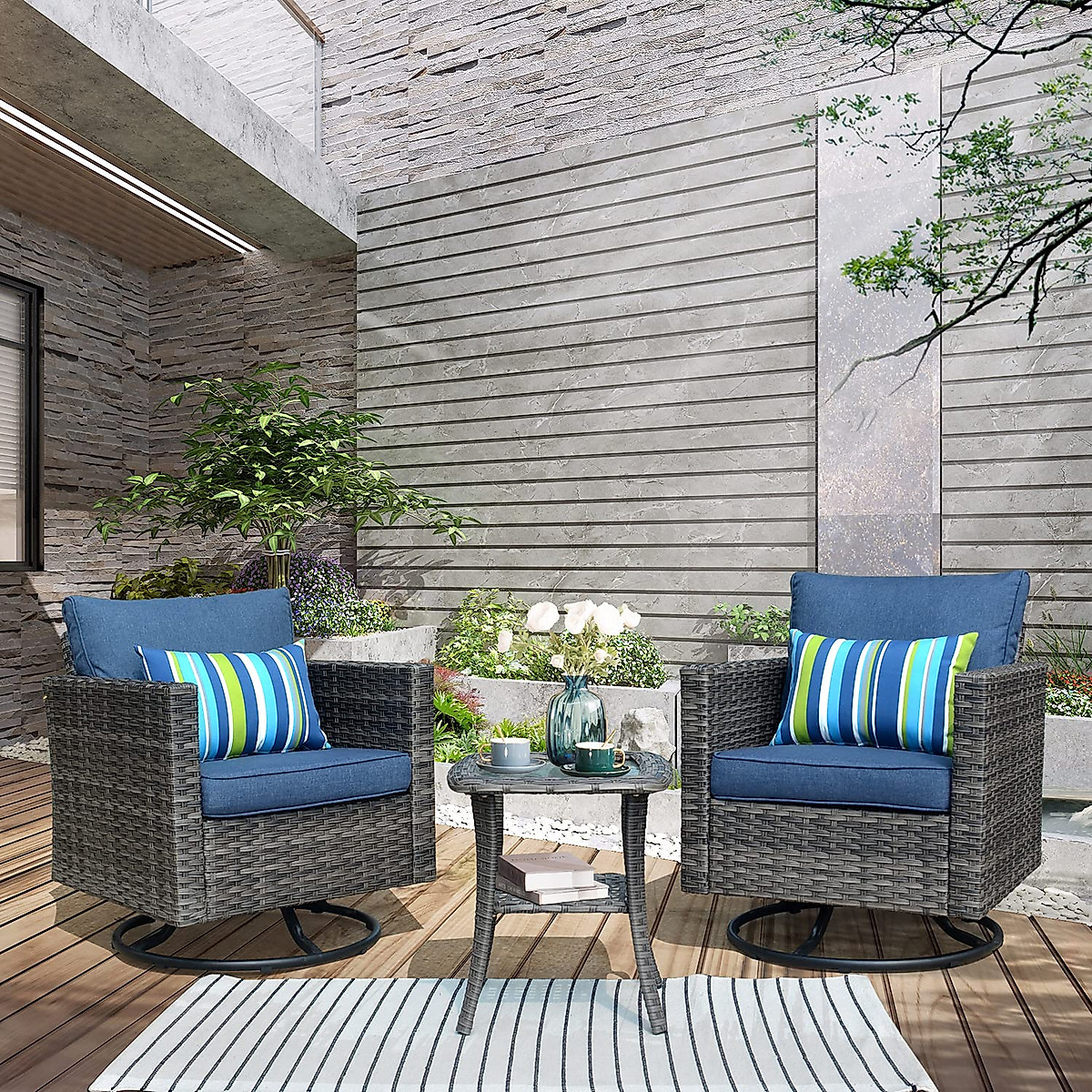 ovios Patio Bistro Set 3 Pieces Rocking Swivel Chairs with Side Table 360 Degree Rotating Outdoor Wicker Rocker Chairs for Yard Deck Porch, Grey Wicker, Denim Blue Cushion