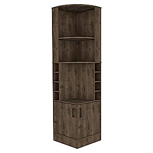 Tuhome Syrah Corner Bar Cabinet with 8 Wine Cubbies, 2 Cabinets, 2 Open Shelves, and Glass Rack, Dark Brown