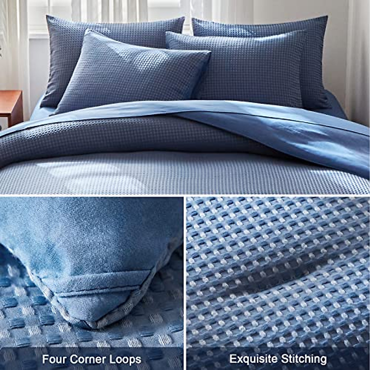 WARMDERN Blue Comforter Set Queen Size Waffle Weave Lightweight Bedding Comforter Sets Soft Microfiber Down Alternative Comforter 7 Pieces Bed in A Bag All Season(Blue, Queen)