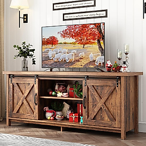Elibeauty Farmhouse TV Stand for 55-65in TV with Adjustable Shelves & Sliding Barn Door - Rustic, Wooden Entertainment Center & Media Cabinet for Bedroom, Living Room (Dark Brown, 58in)