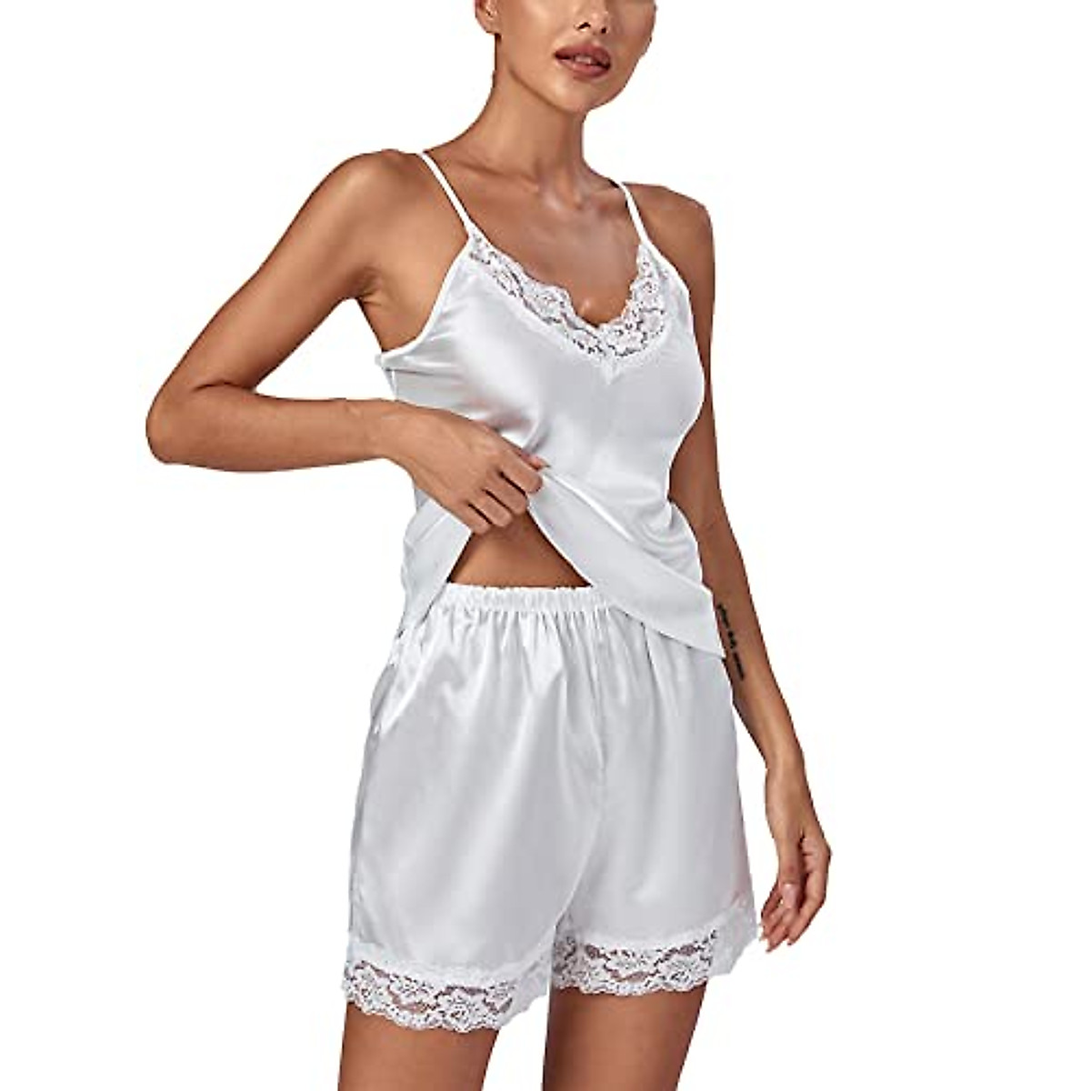 LYANER Women's 3pcs Sleepwear Silk Satin V Neck Lace Trim Cami Top and Shorts Pajama Set with Robe White Small