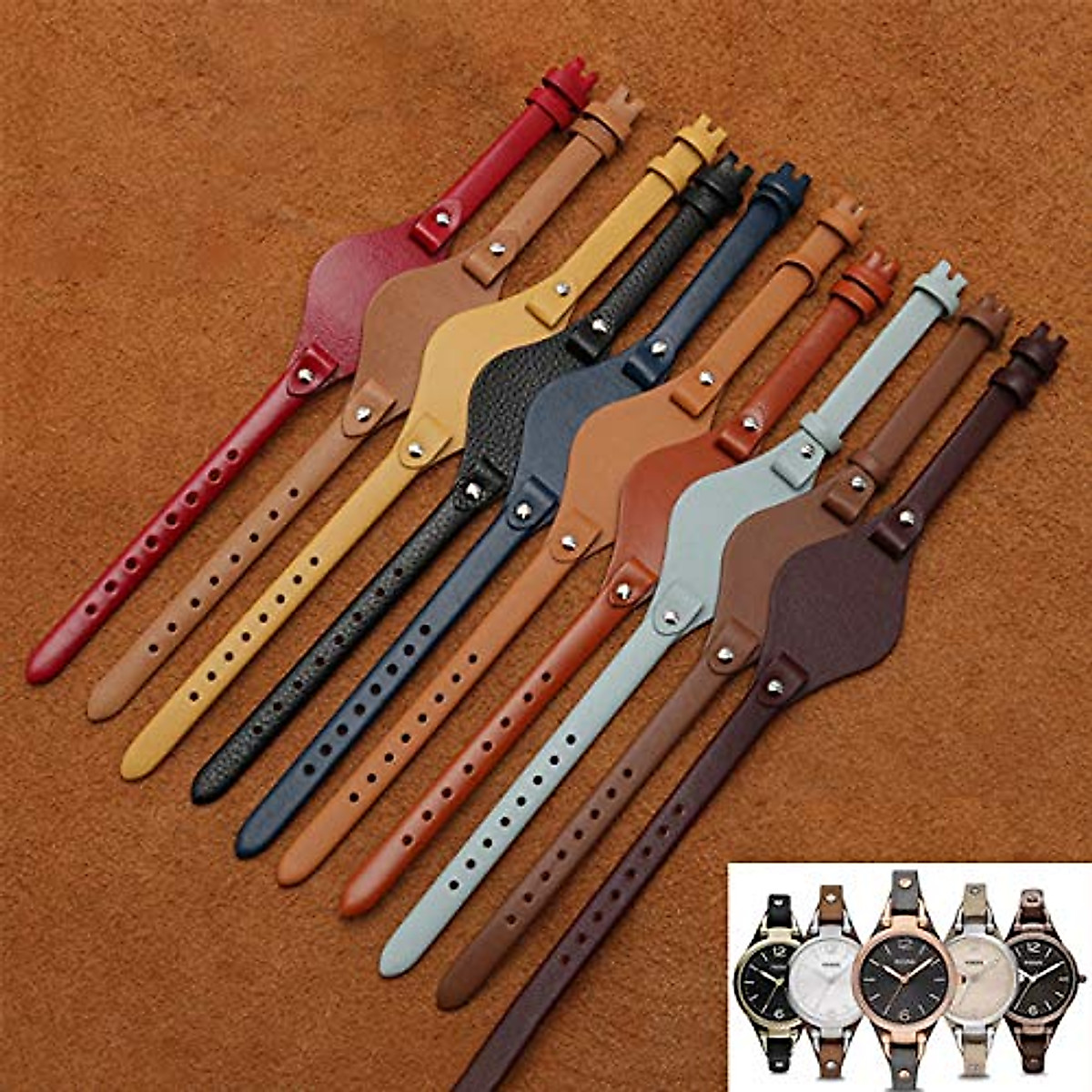 KAMIU Women's 8mm Watch Band Genuine Calf Leather Replacement Straps Watch Strap for Fossil ES3148 ES4119 ES4176 ES3262 ES3077 (Coffee - Golden Buckle)
