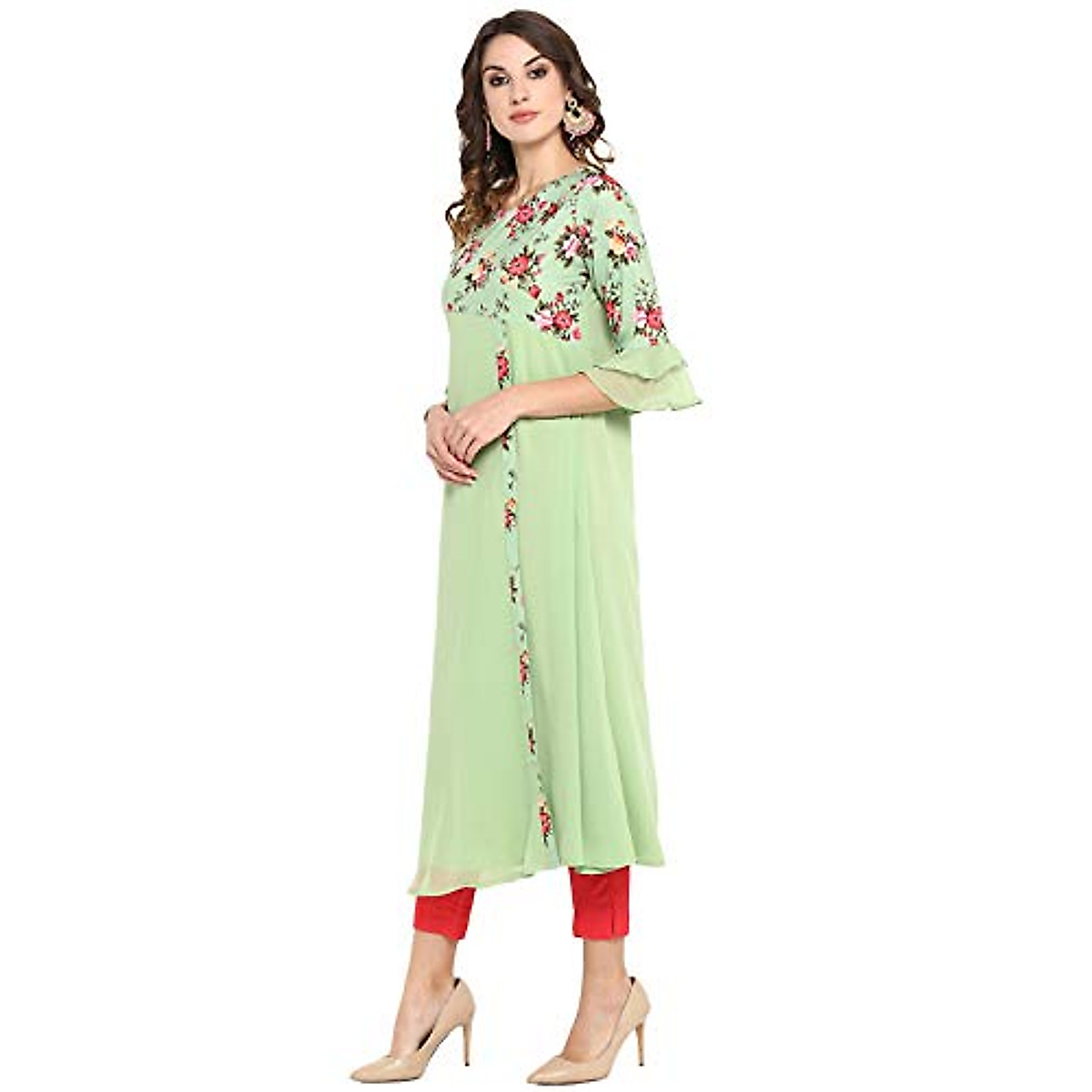 Janasya Indian Women's Light Green Poly Crepe Kurta(JNE3368-KR-XL)