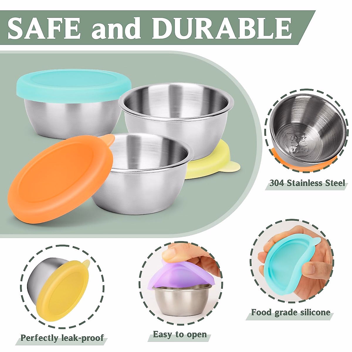 Milifox 6 Pack 1.7oz Stainless Steel Salad Dressing Containers To Go Stainless Steel Condiment Sauce Cups Container Small Reusable Dipping Cup with Leakproof Silicone Lids