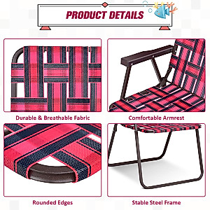 6 PCS Folding Lawn Chairs Set, Portable Outdoor Patio Chairs w/Stable Metal Frame & Armrests, Webbed Folding Beach Chairs Set for Lawn Patio Garden Backyard (Red)